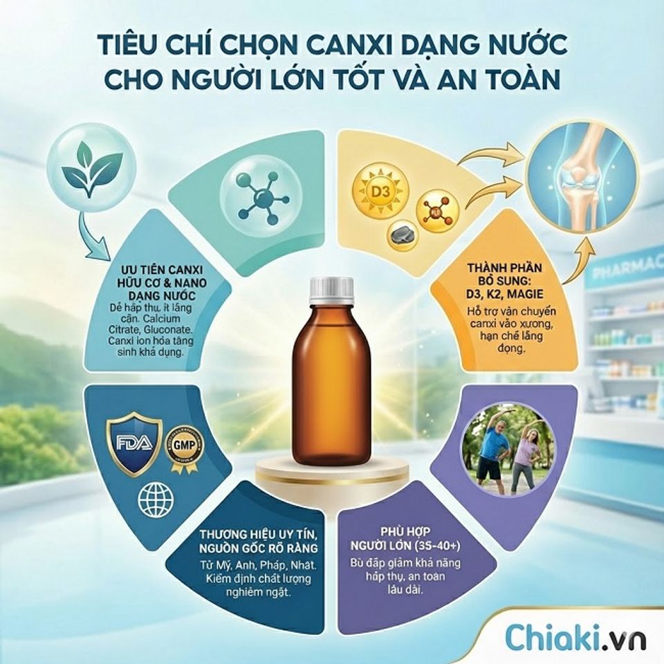Top 5 Canxi dạng nước cho người lớn tốt, dễ hấp thu, được tin dùng 2026