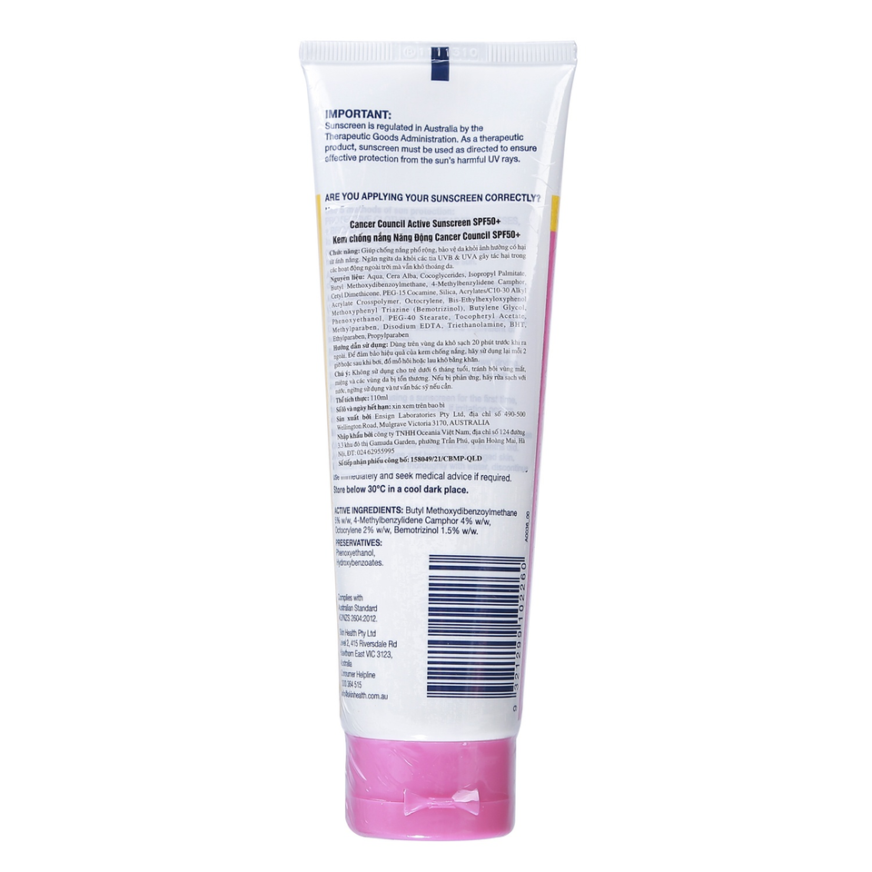 Kem Chống Nắng Cancer Council Active Sunscreen Pink Spf50+ 110ml ...