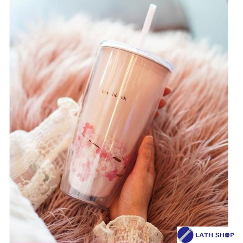 Ly Nhựa 2 Lớp Cherry Blossom Kèm Ống Hút LocknLock 750ML - HAP509 - Hồng