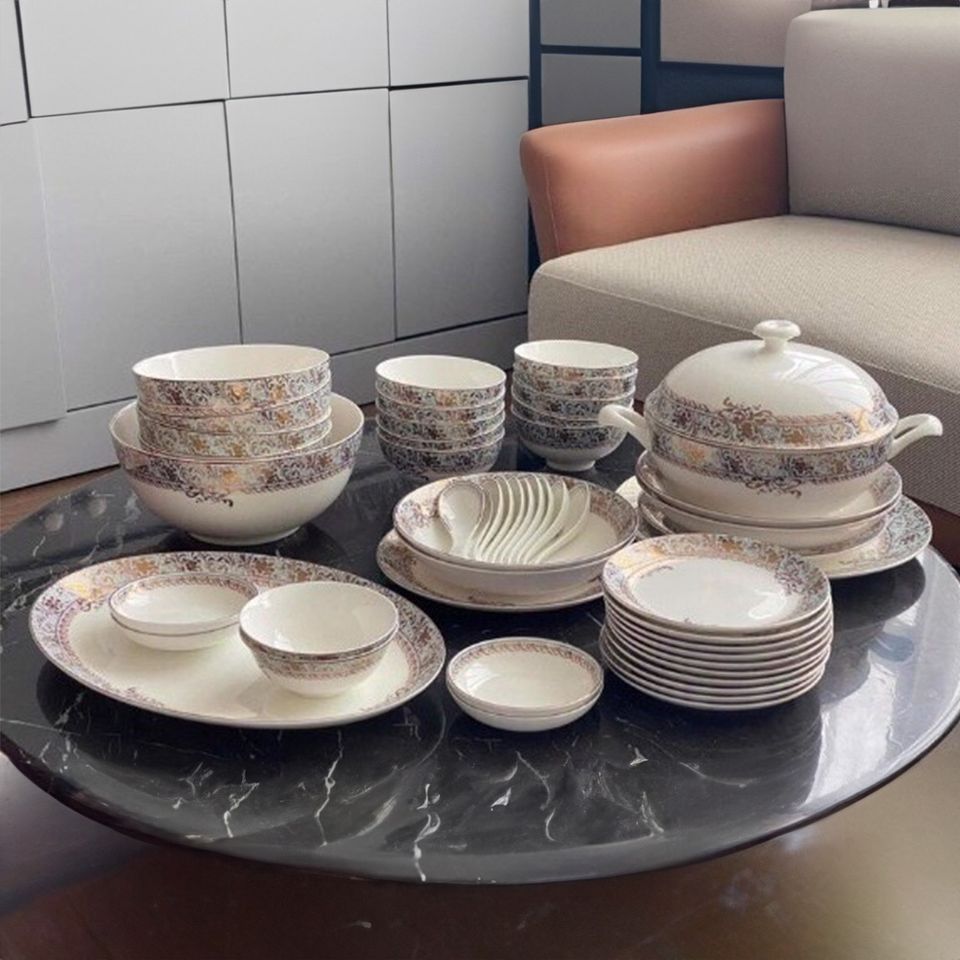 Bộ đồ ăn sứ xương Imperial London Xanh ngọc dây vàng 50 chi tiết