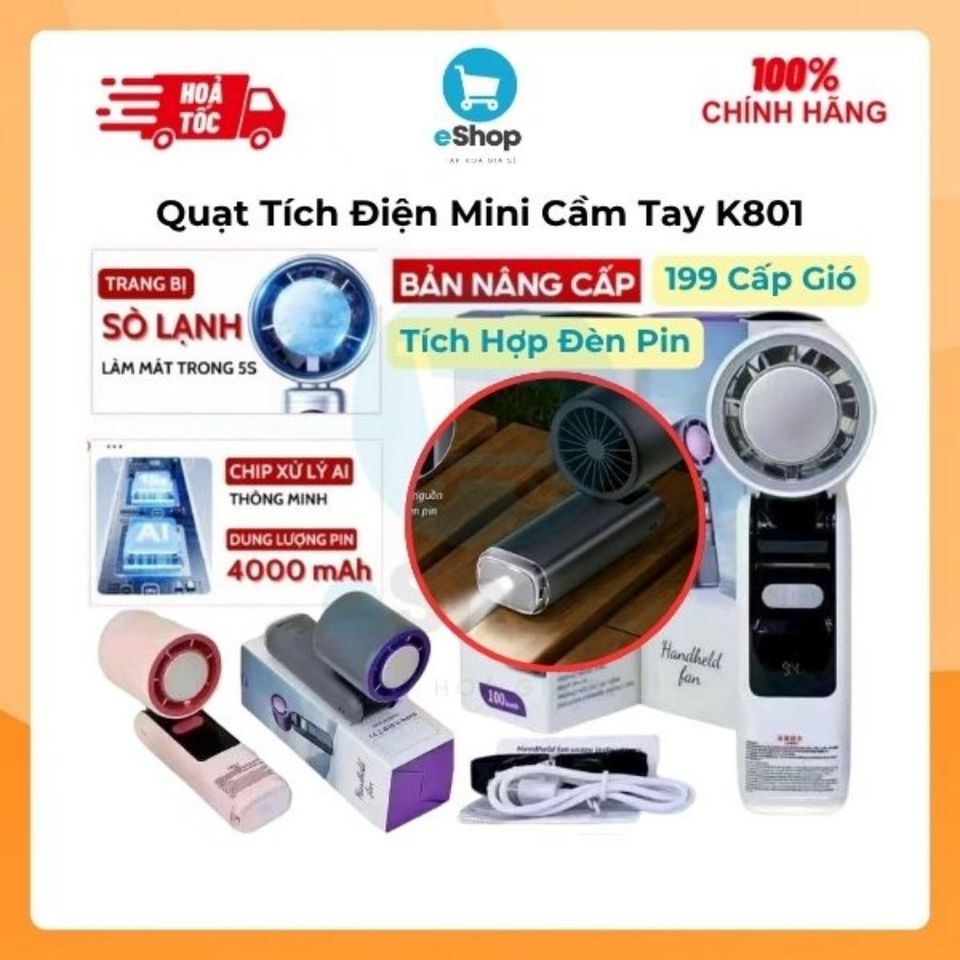 Quạt Sò Lạnh Tích Điện Mini Cầm Tay K801 Turbo Pin 4000mAh, 199 Cấp Độ ...